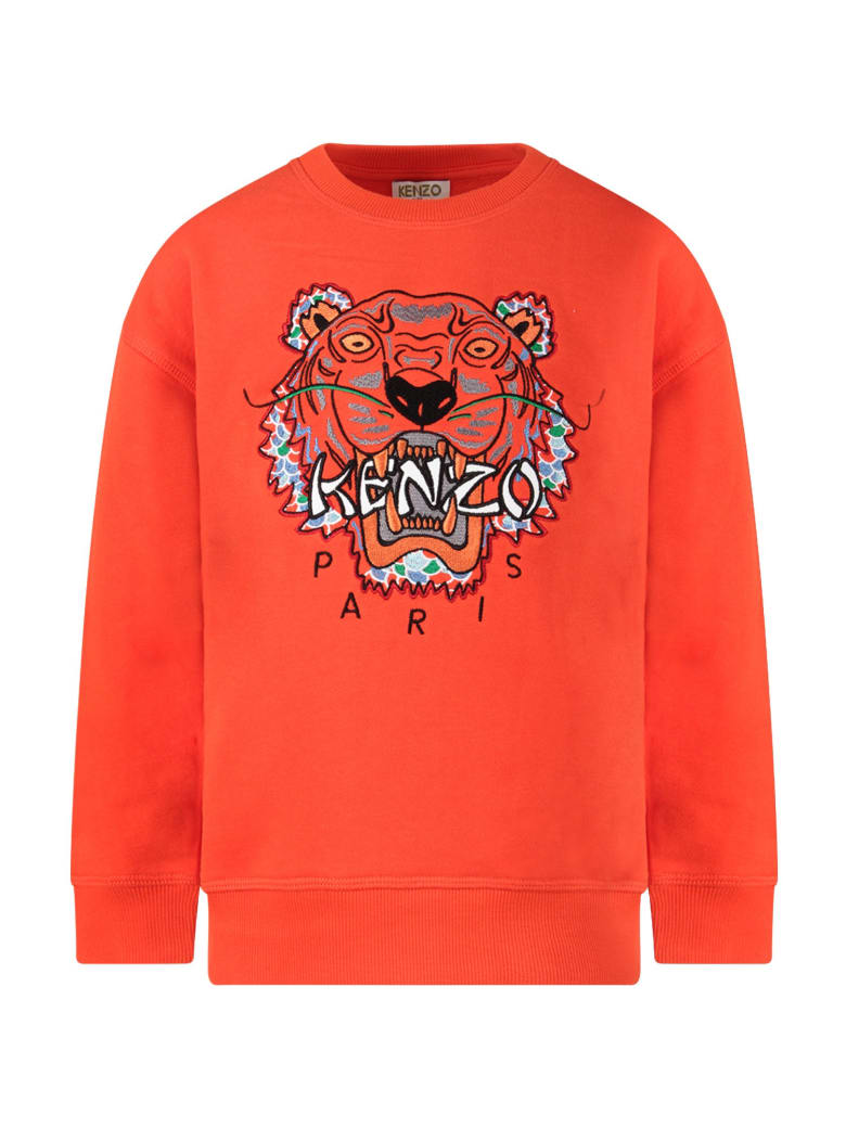 Kenzo Kids Orange Boy Sweatshirt With Iconic Tiger With Mustache | italist