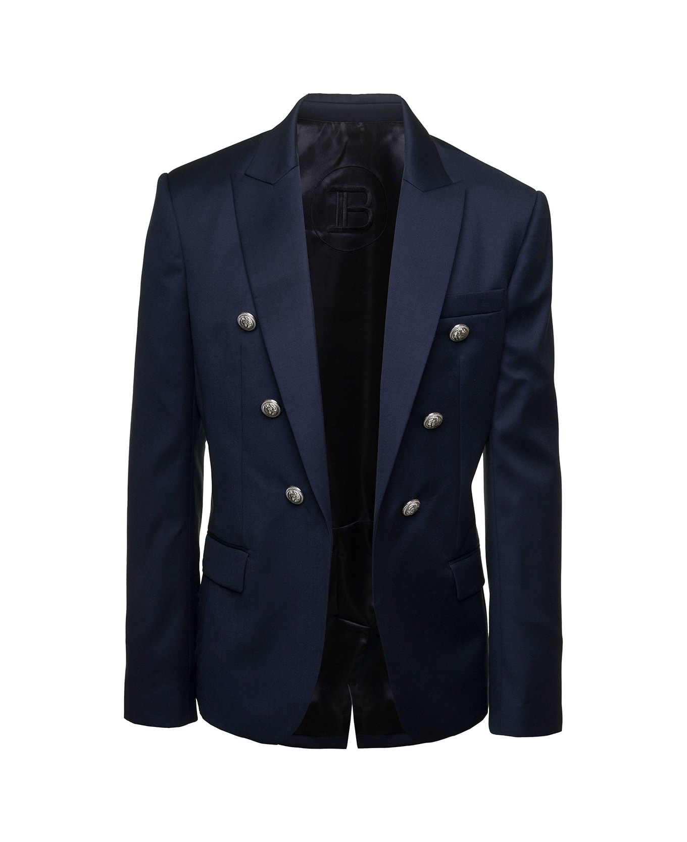 Balmain Blue Single-breasted Open Jacket With Branded Buttons In Wool ...