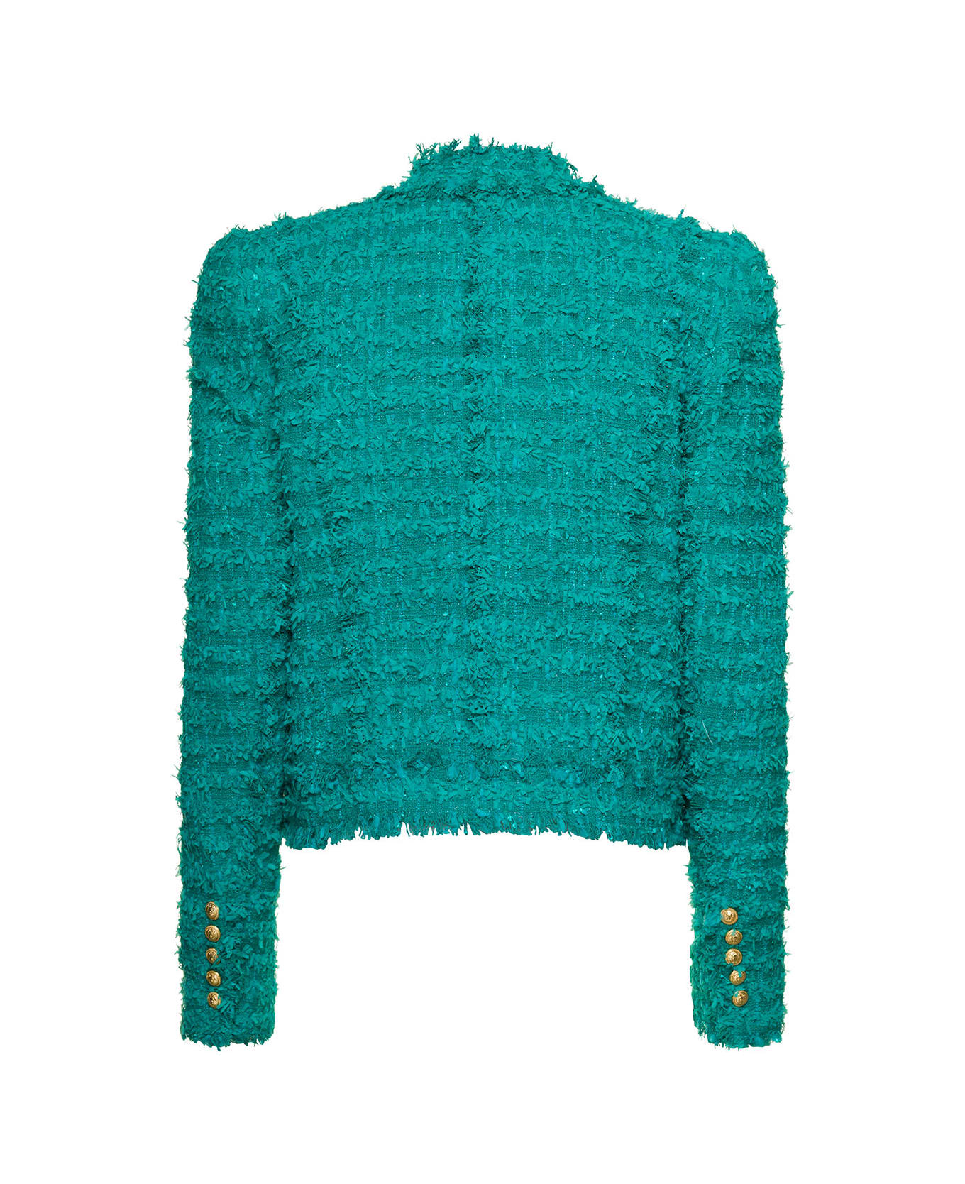 Balmain Teal Blue Tweed Jacket With Fringes Trims And Golden Buttons In Cotton Blend Woman ...