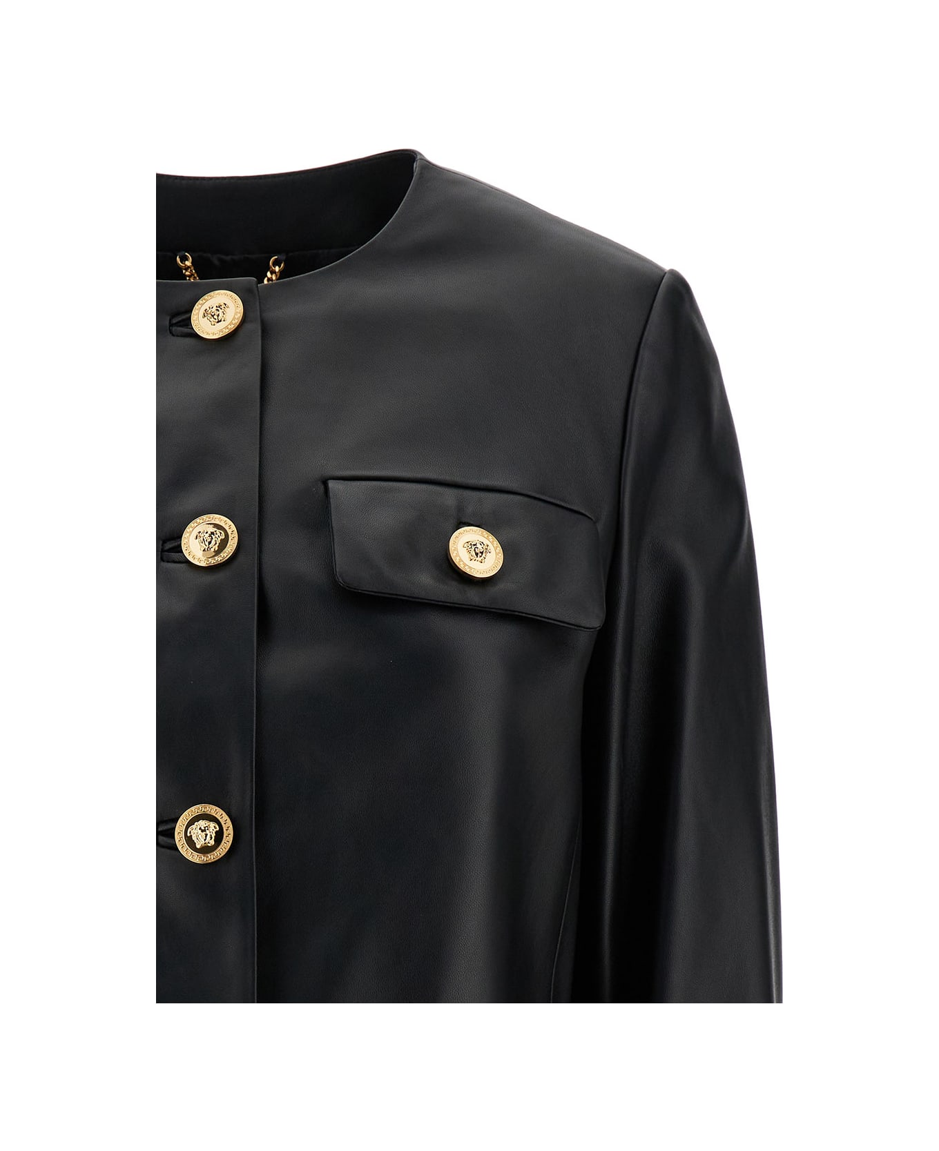 Versace Black Cropped Jacket With Medusa Bottons In Leather Woman ...