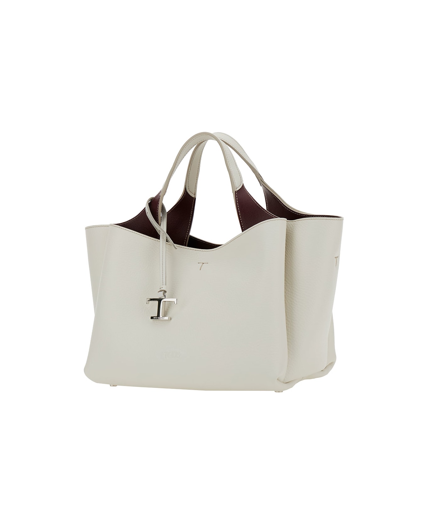Tod's White Handbag With Embossed Logo And T Timeless Charm In Grainy ...