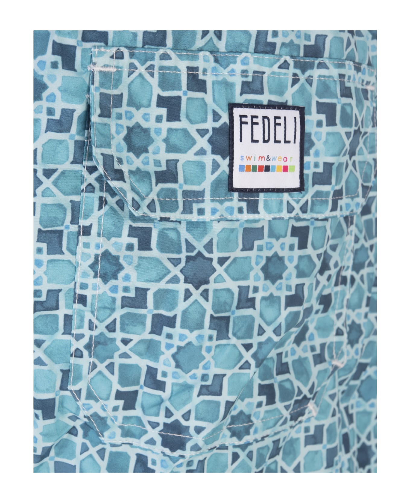 Fedeli Geometric Pattern Light Blue Swim Shorts | italist, ALWAYS LIKE A SALE