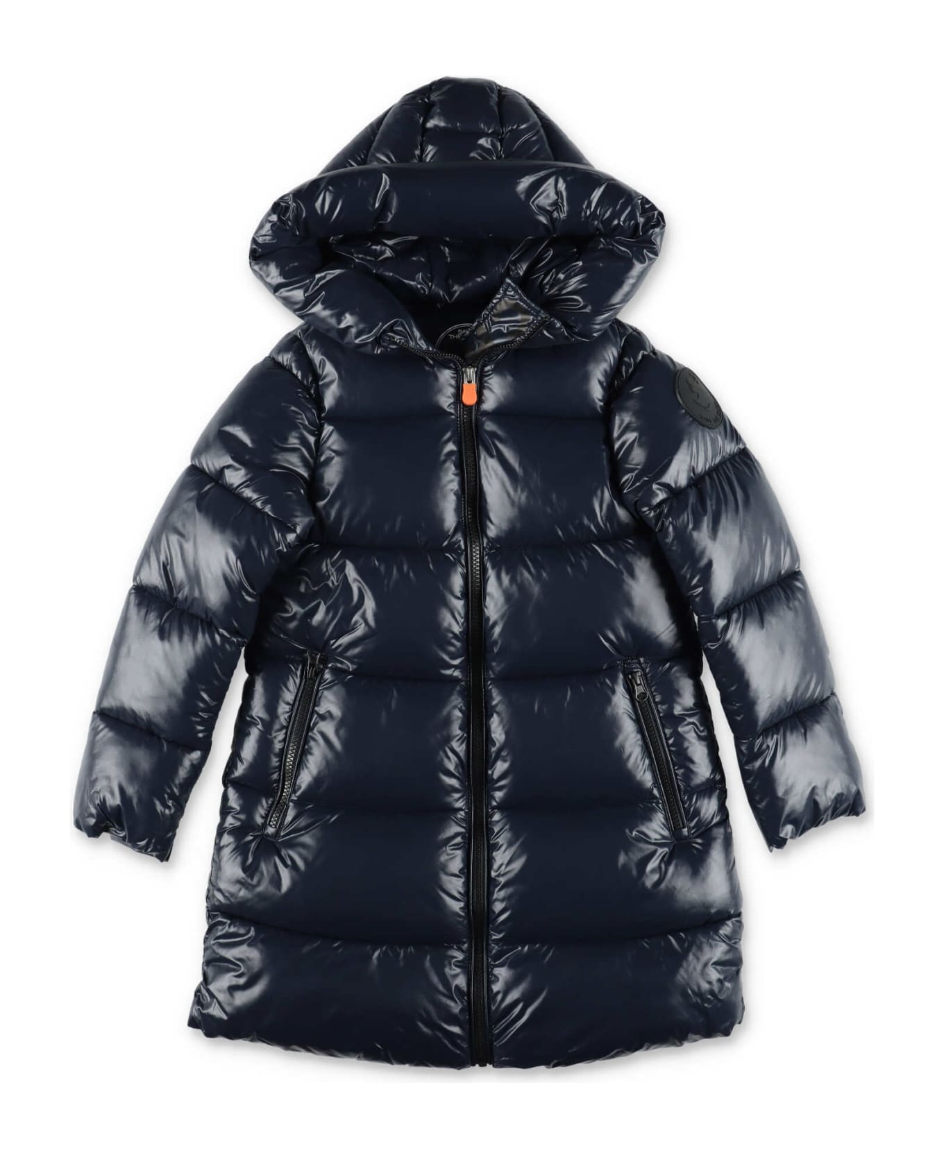 Save The Duck Piumino Lungo Blu Glossy In Nylon Con Cappuccio Bambina ...