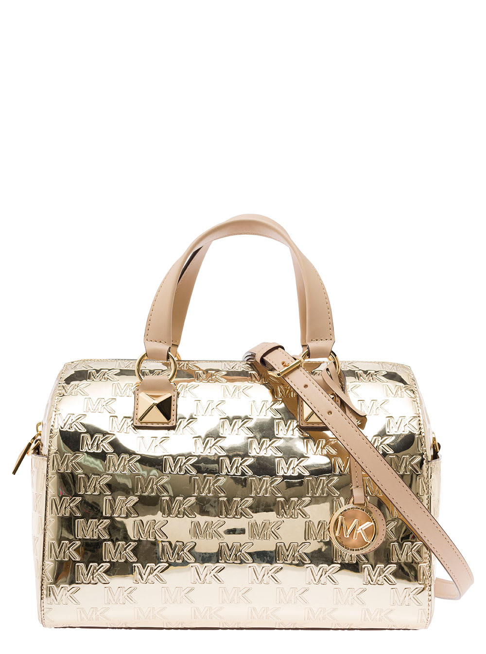 Michael Michael Kors Medium Grayson Gold Satchel Bag With All-over Embossed Logo In Patent Woman ...