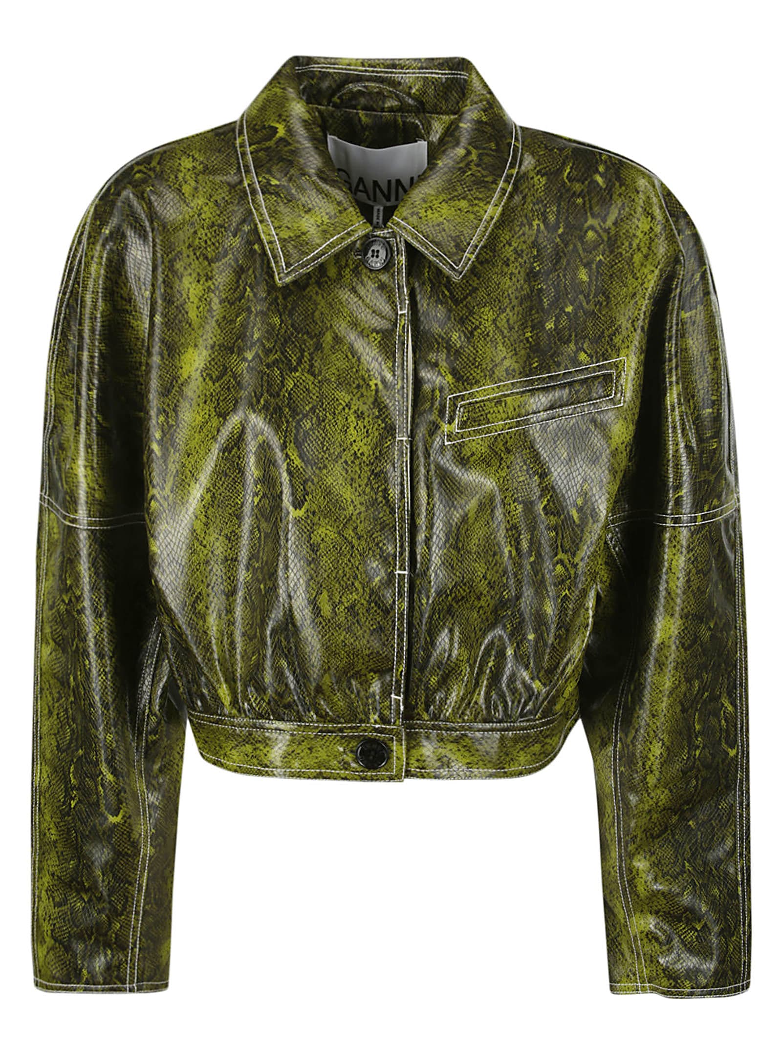 Ganni Womens Spinach Green Snake-print Cropped Faux-leather Jacket In ...