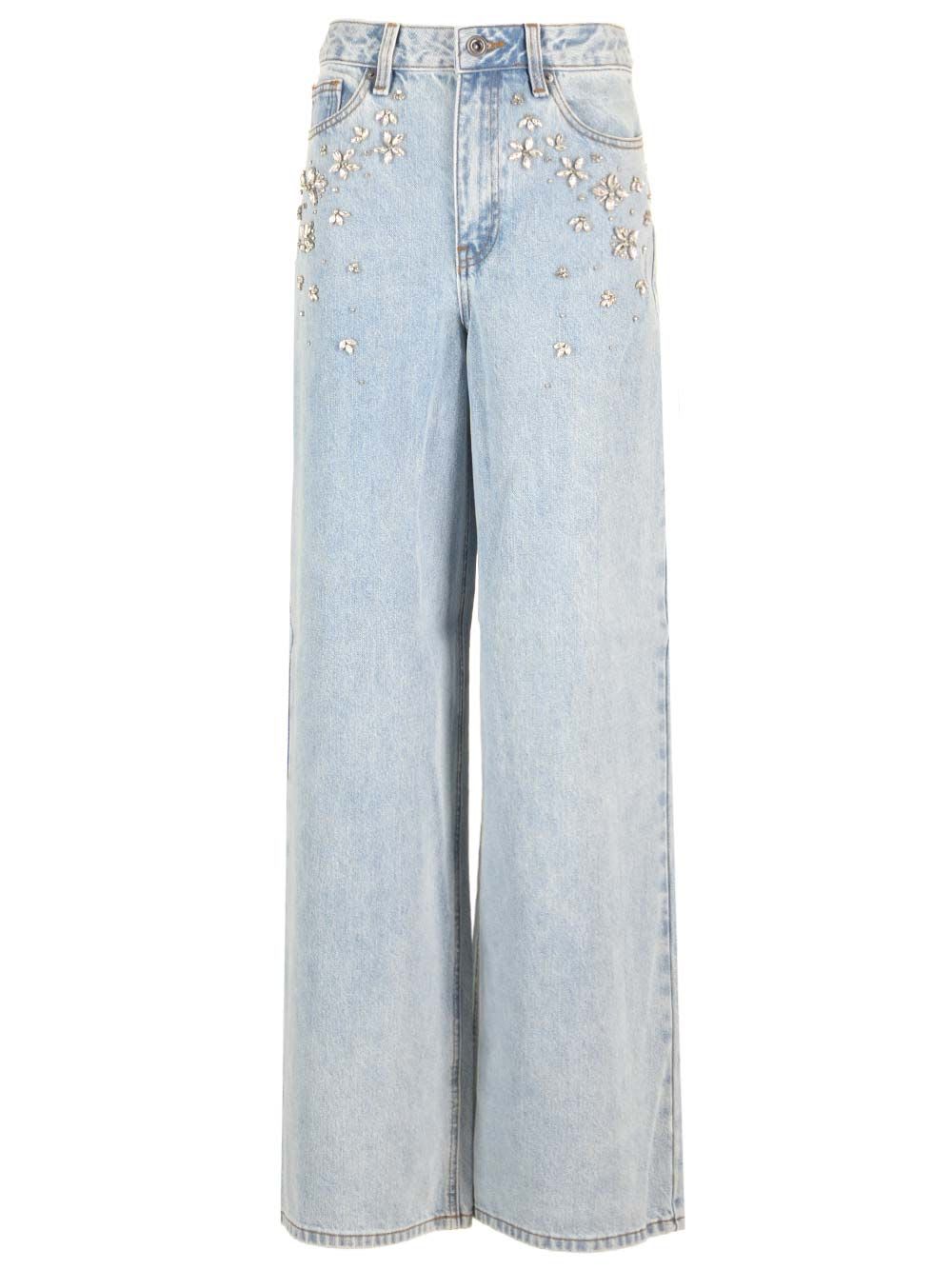Self-portrait Wide Leg Jeans With Rhinestones In Light Blue | ModeSens