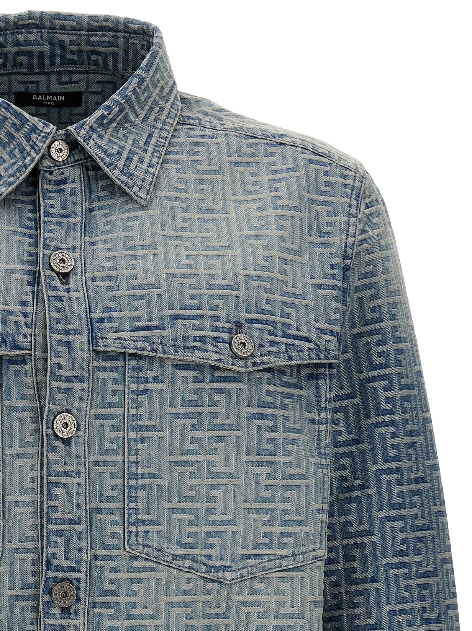 Balmain Monogram Denim Overshirt In Blue | ModeSens