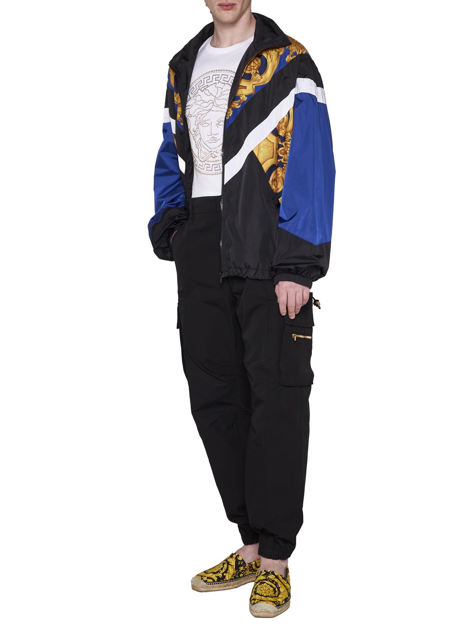Versace Multicolor Barocco Print Nylon Track Jacket In Black | ModeSens